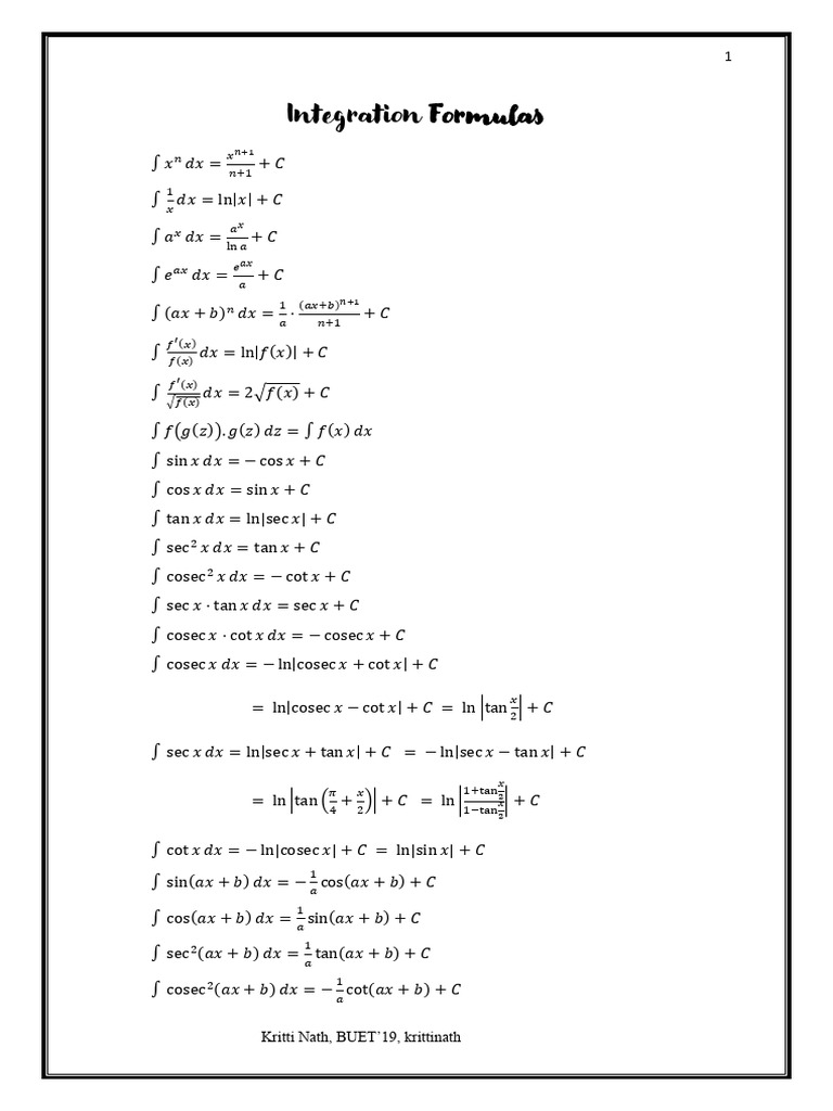 Integration Formulae (HSC+Admission) by Kritti Nath | PDF ...