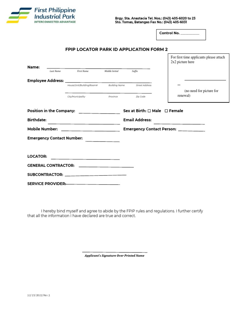 FPIP PARK ID APPLICATION FORM 2 Rev.1 | PDF