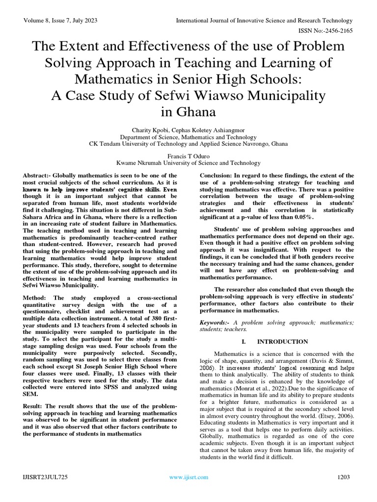 The Extent and Effectiveness of The Use of Problem Solving Approach in ...