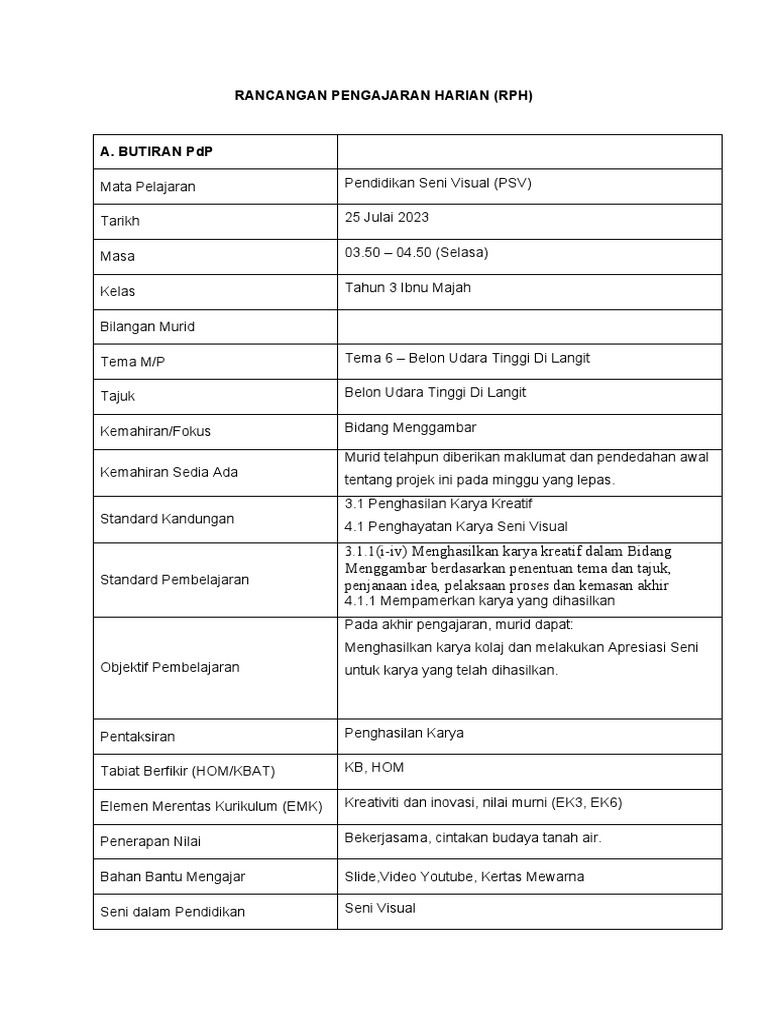 Penulisan RPH PSV Tahun 3 | PDF