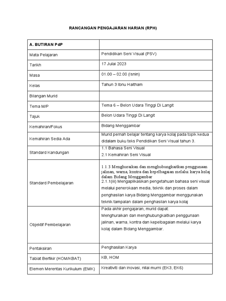 Penulisan RPH PSV Tahun 3 | PDF