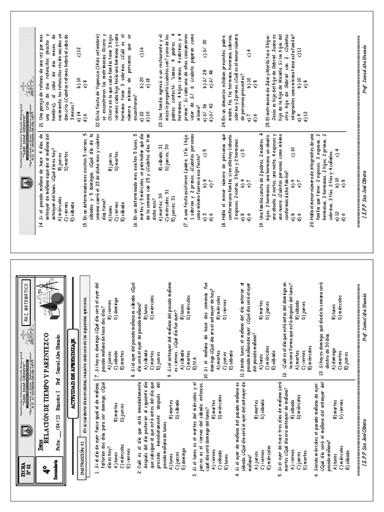 Raz - Mat - Ficha 01-1 - 4to Sec - I BIM | PDF