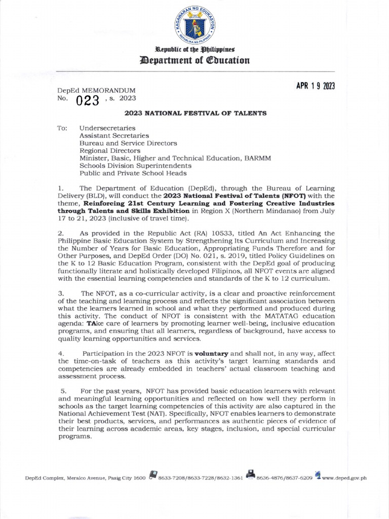 DM - s2023 - 023 NFOT - For EPP TLE ONLY | PDF | Learning | Teachers