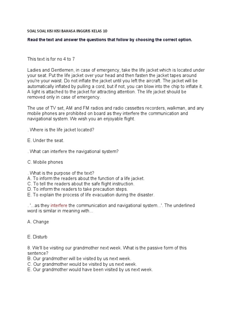 Soal Soal Kisi Kisi Bahasa Inggris Kelas 10 | PDF