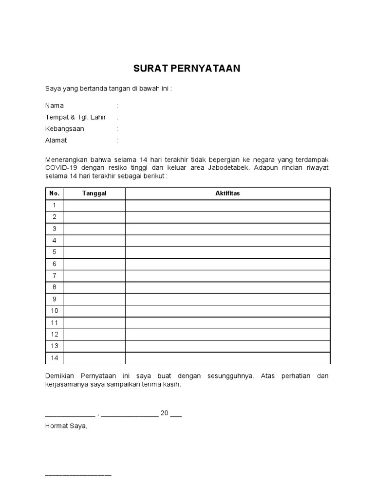 Form-SURAT PERNYATAAN Riwayat Bepergian 14 Hari | PDF Form-SURAT PERNYATAAN Riwayat Bepergian 14 Hari | PDF