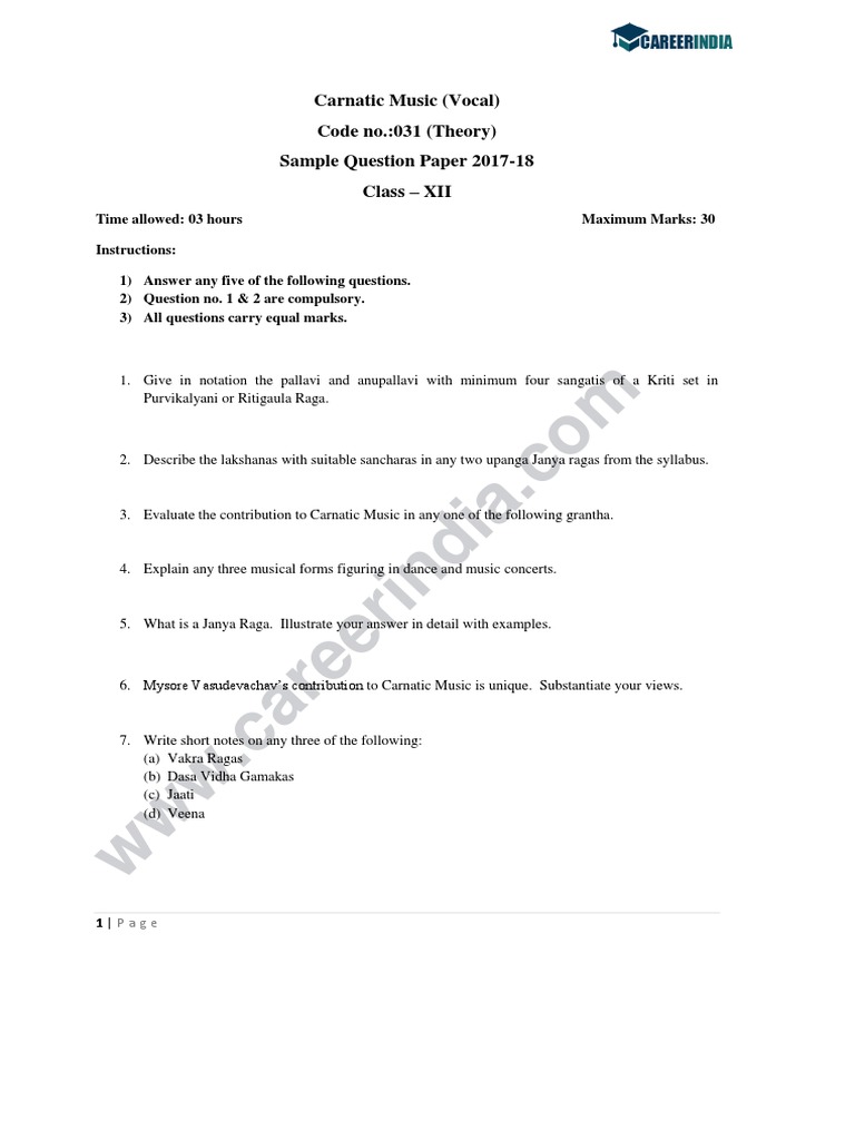 CBSE Class 12 Carnatic Music (Vocal) 2017-18 Sample Question Paper | PDF