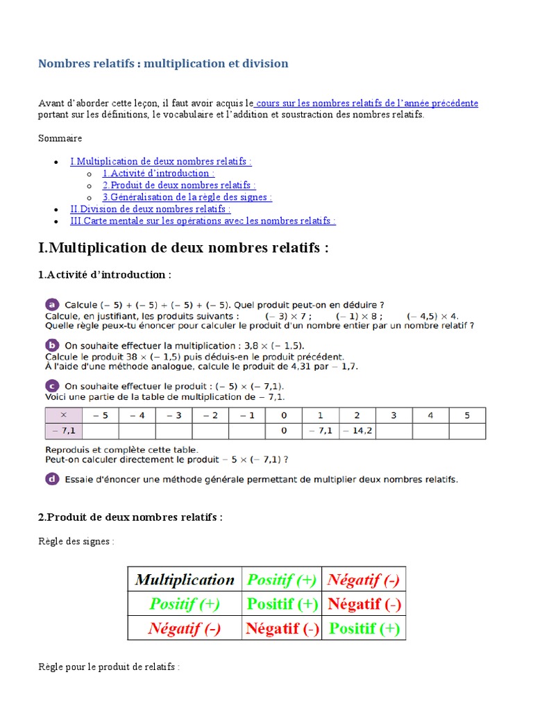 Règle des signes pour nombres relatifs | PDF