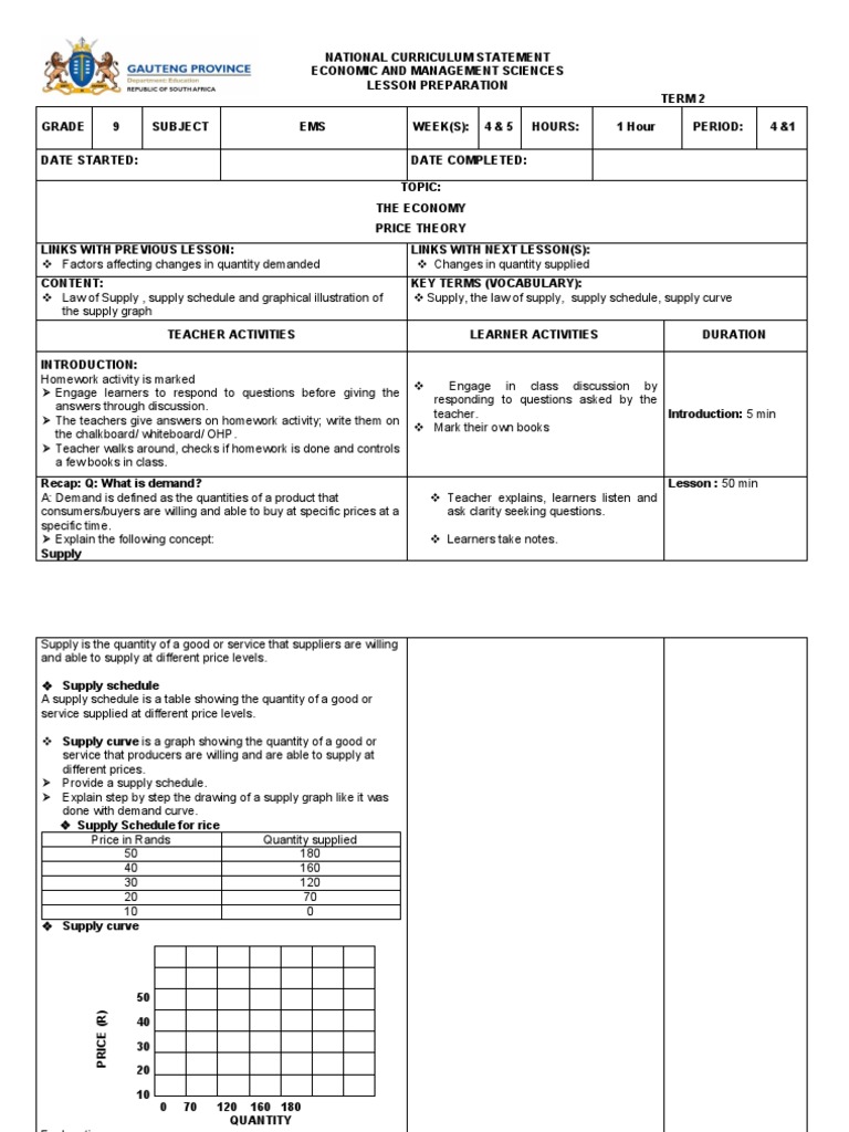 WEEK 4 & 5 LESSON PLAN 4 & 1 Def Supply, Law of Supply and Graphical ...