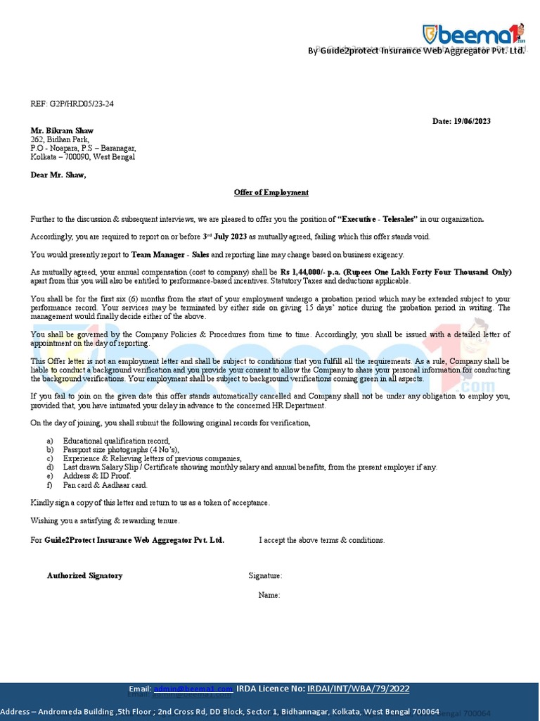 Offer Letter - Bikram | PDF
