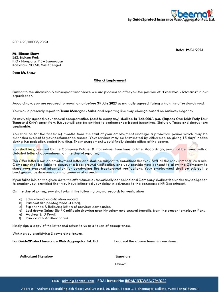 Offer Letter - Bikram | PDF | Government