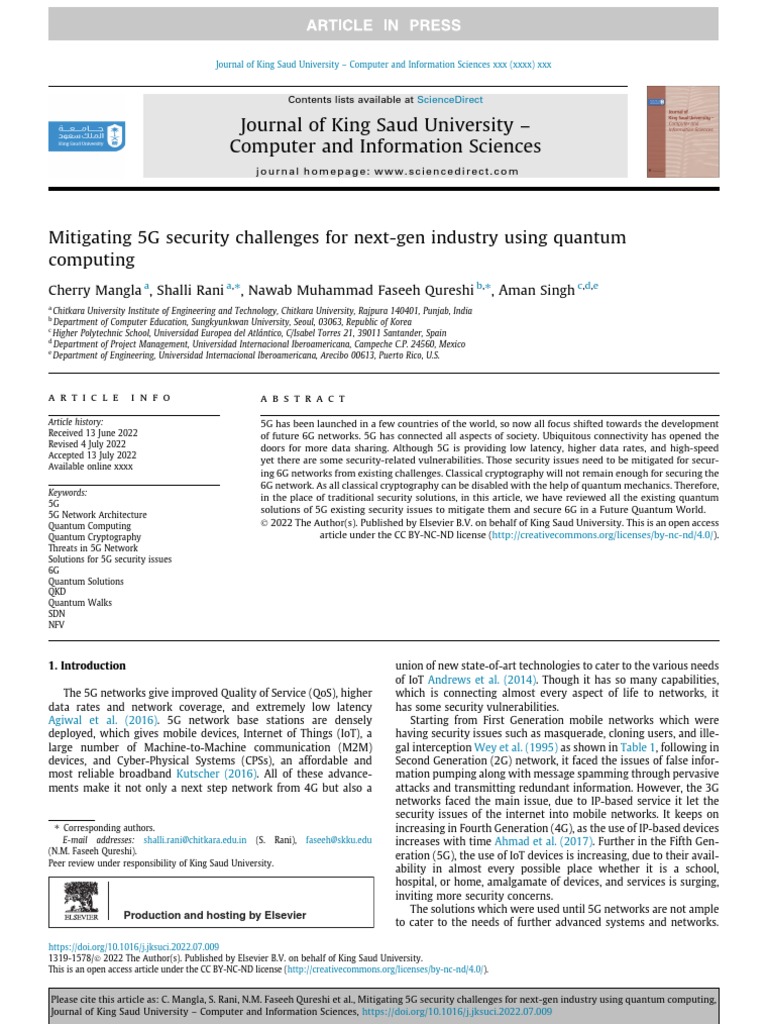 Mitigating 5G Security Challenges For Next-Gen Industry Using Quantum | PDF