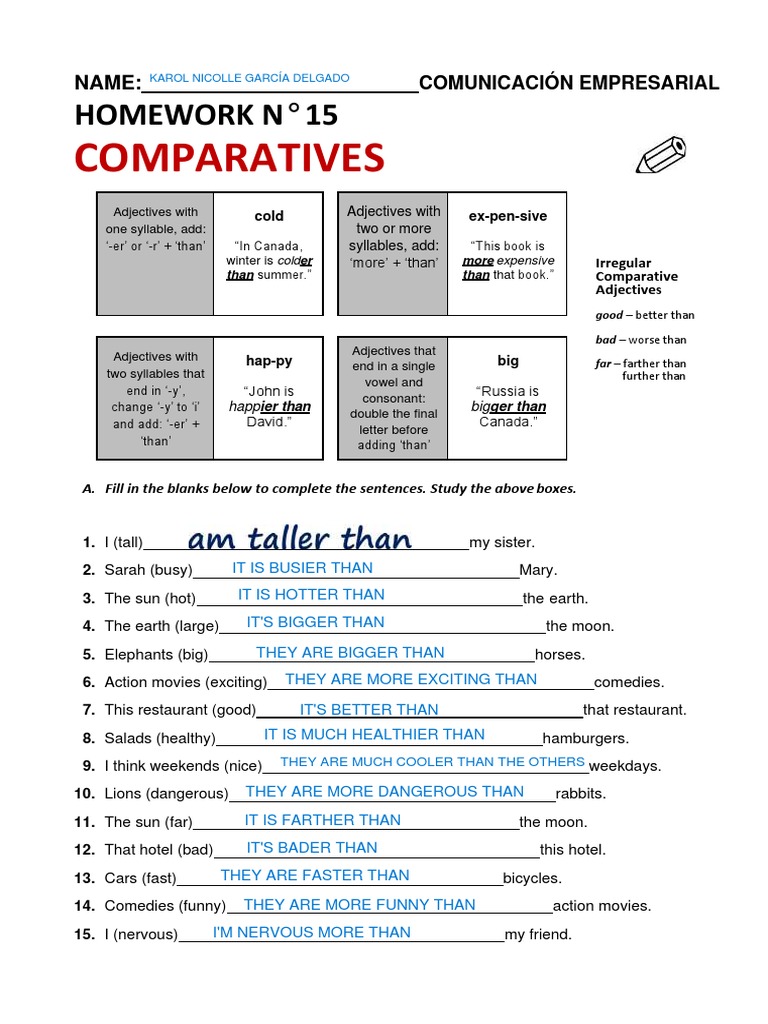 HOMEWORK #15 - Comparative Adjectives KAROL | PDF | Linguistics | Languages