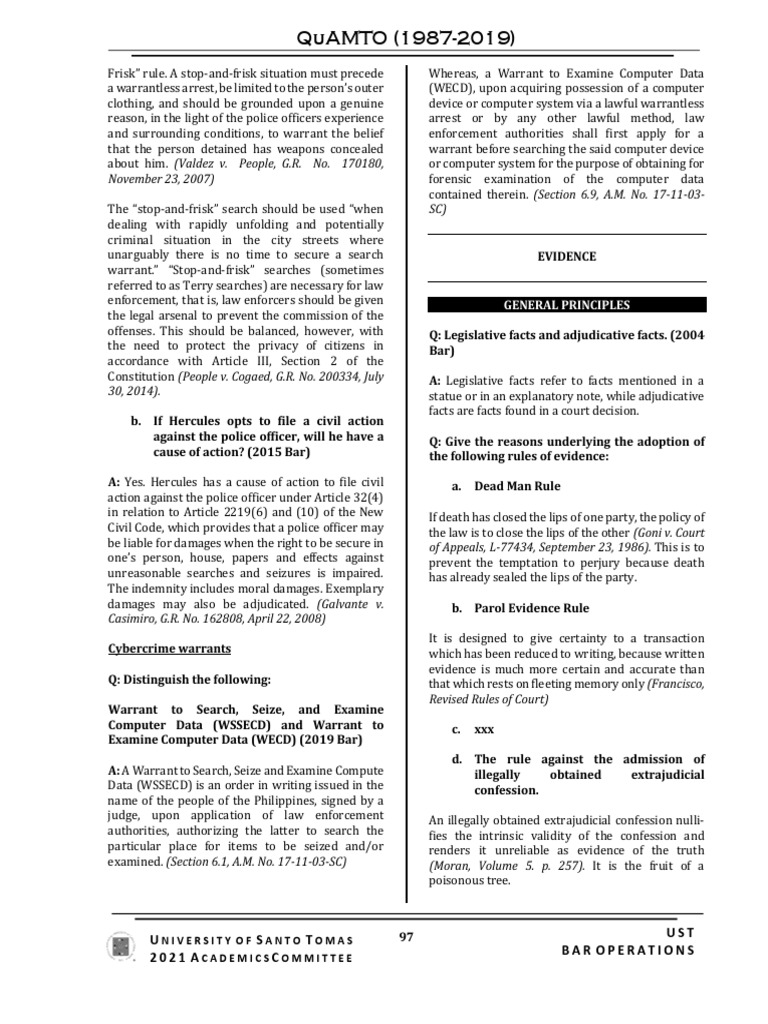 Ust Qamto 2021 07 Remedial Law | PDF | Burden Of Proof (Law) | Terry Stop