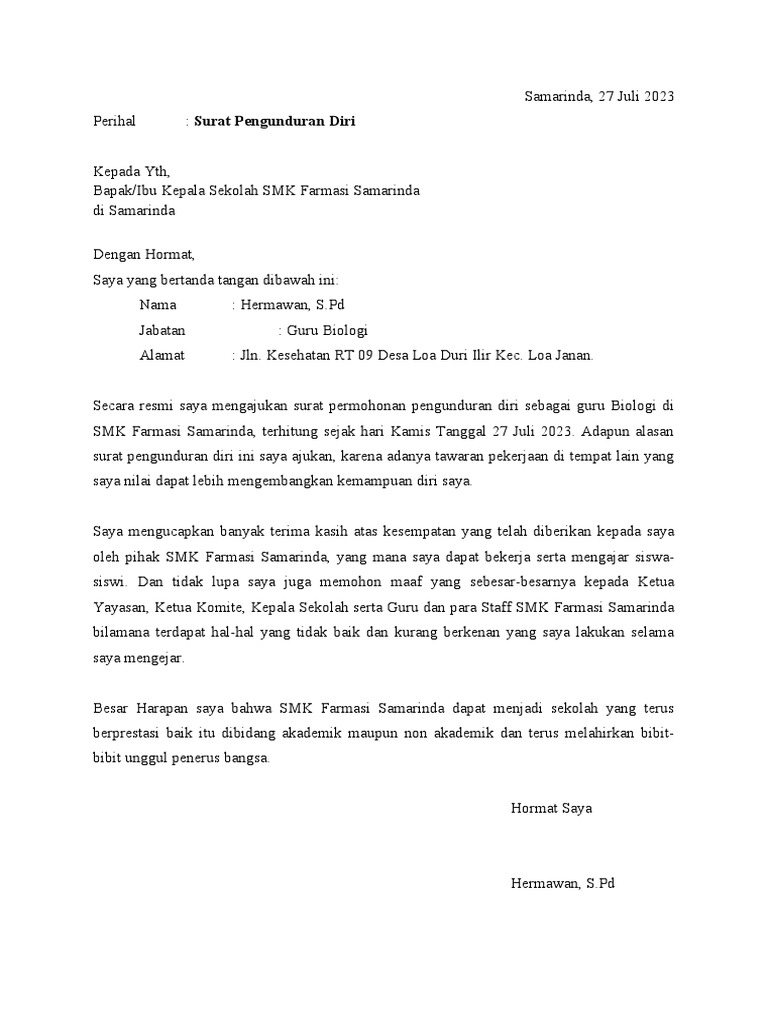 Surat Pengunduran Diri Hermawan | PDF
