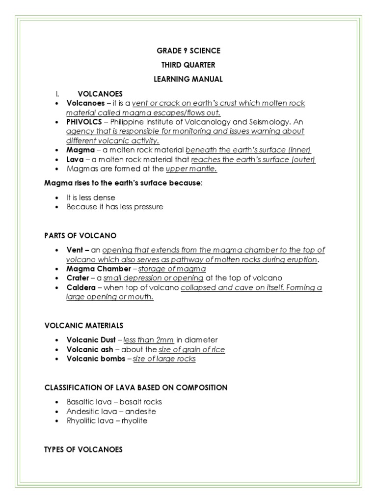 Grade 9 Science: Volcanoes and Climate | PDF | Volcano | Lava