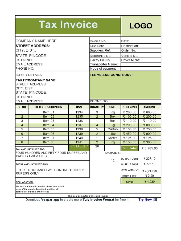 Tally Invoice Format Excel 01 | PDF