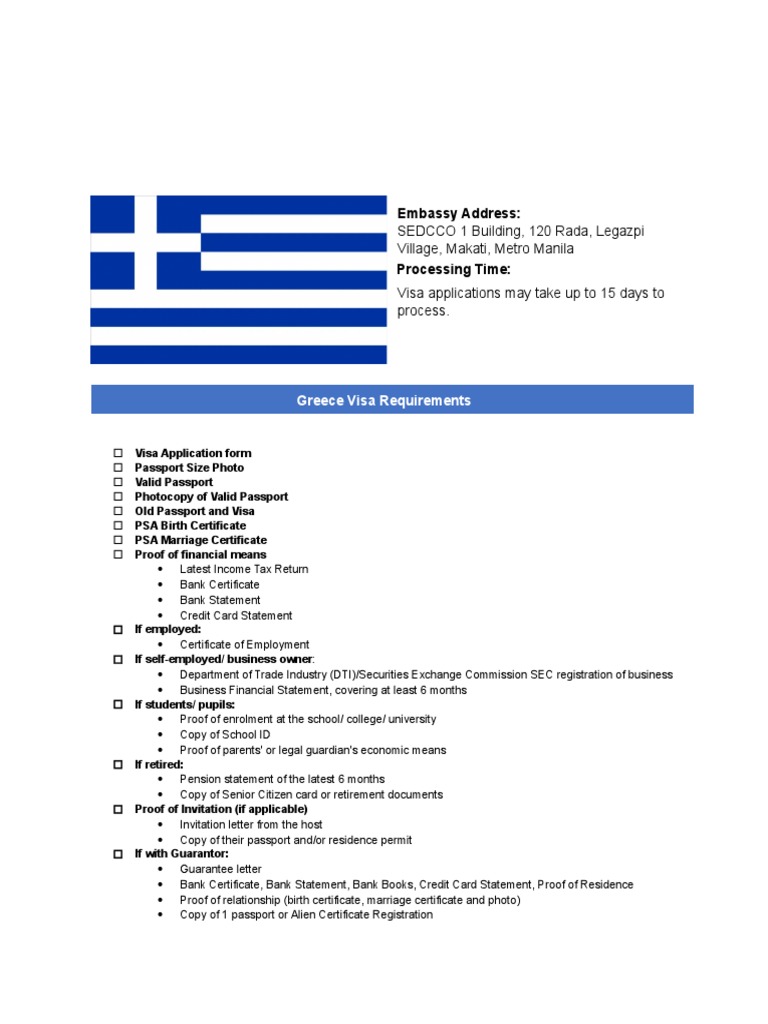 Greece Visa Requirement Checklist | PDF | Travel Visa | Birth Certificate