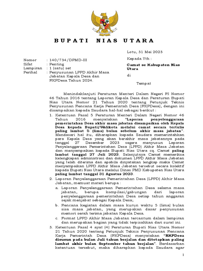Surat Penyusunan Lppd Dan Rkpdesa Tahun 2024 Dan Lampiran | PDF