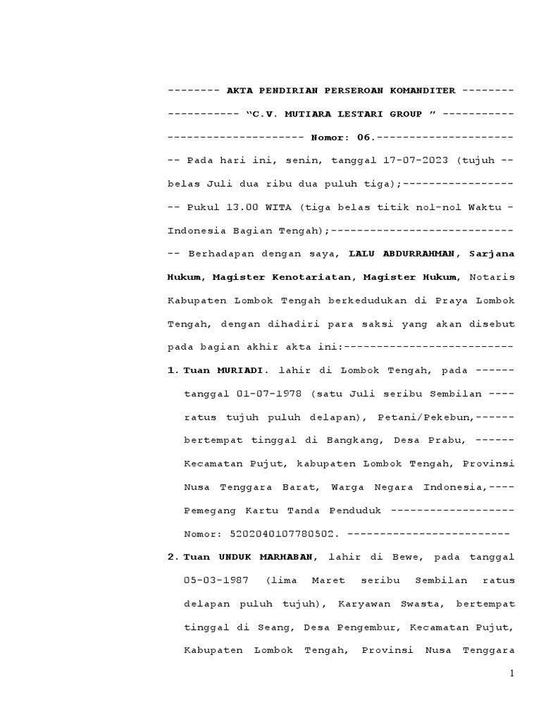 Akta Cv. Mutiara Lestari Group | PDF