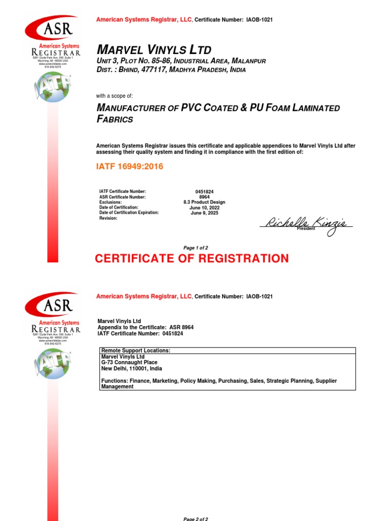 Marvel Vinyls Ltd Certification Details | PDF