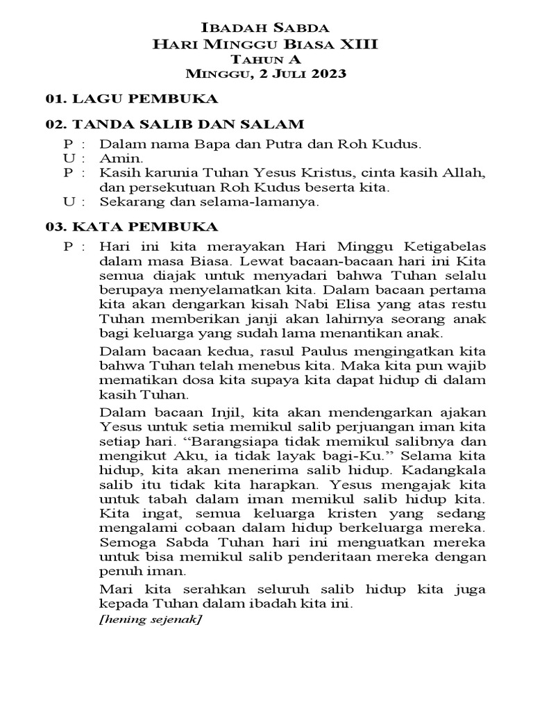 Ibadat Sabda Minggu Biasa XIII A | PDF