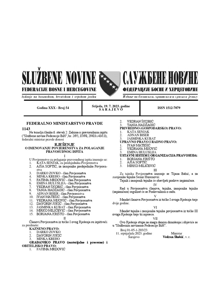 SL - Novine F BiH 54 23 Dopunska Lista Vjestaci - 23 | PDF