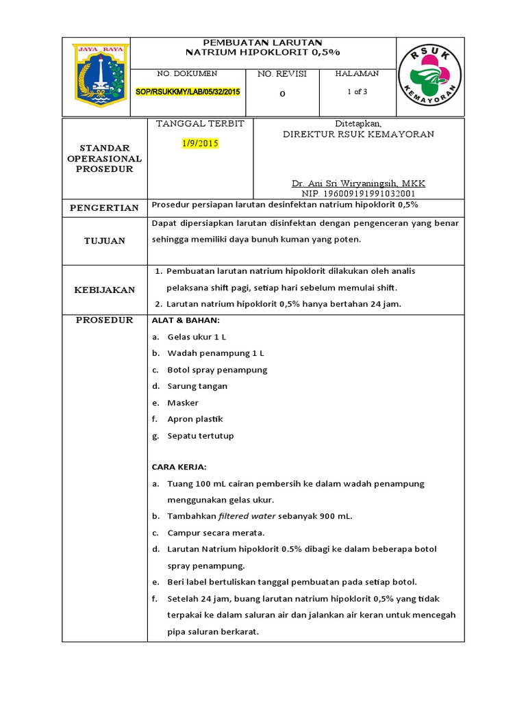 SOP Larutan Natrium Hipoklorit | PDF | Sains & Matematika