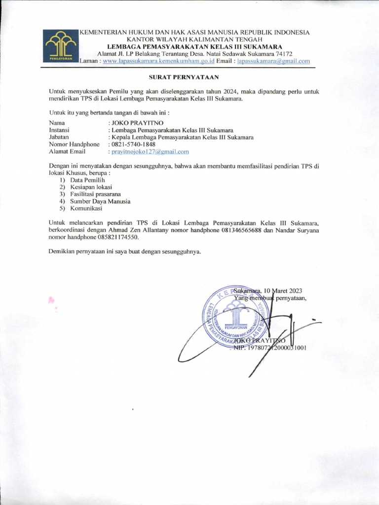 Surat Pernyataan Dan Ba TPS Loksus Lapas | PDF