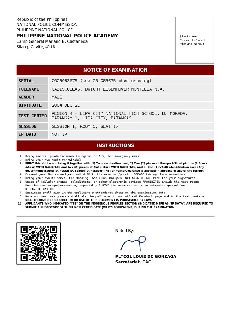 Examination Notice for PNP Applicants | PDF | Identity Document | Privacy