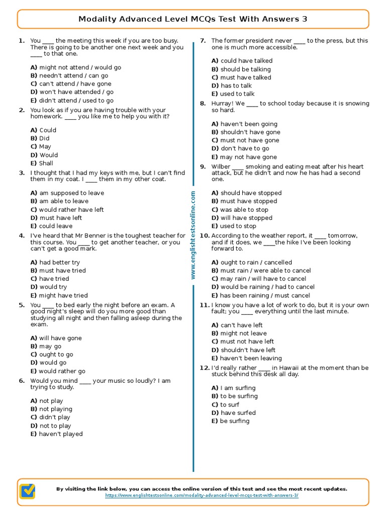 890 - Modality Advanced Level Mcqs Test With Answers 3 | PDF