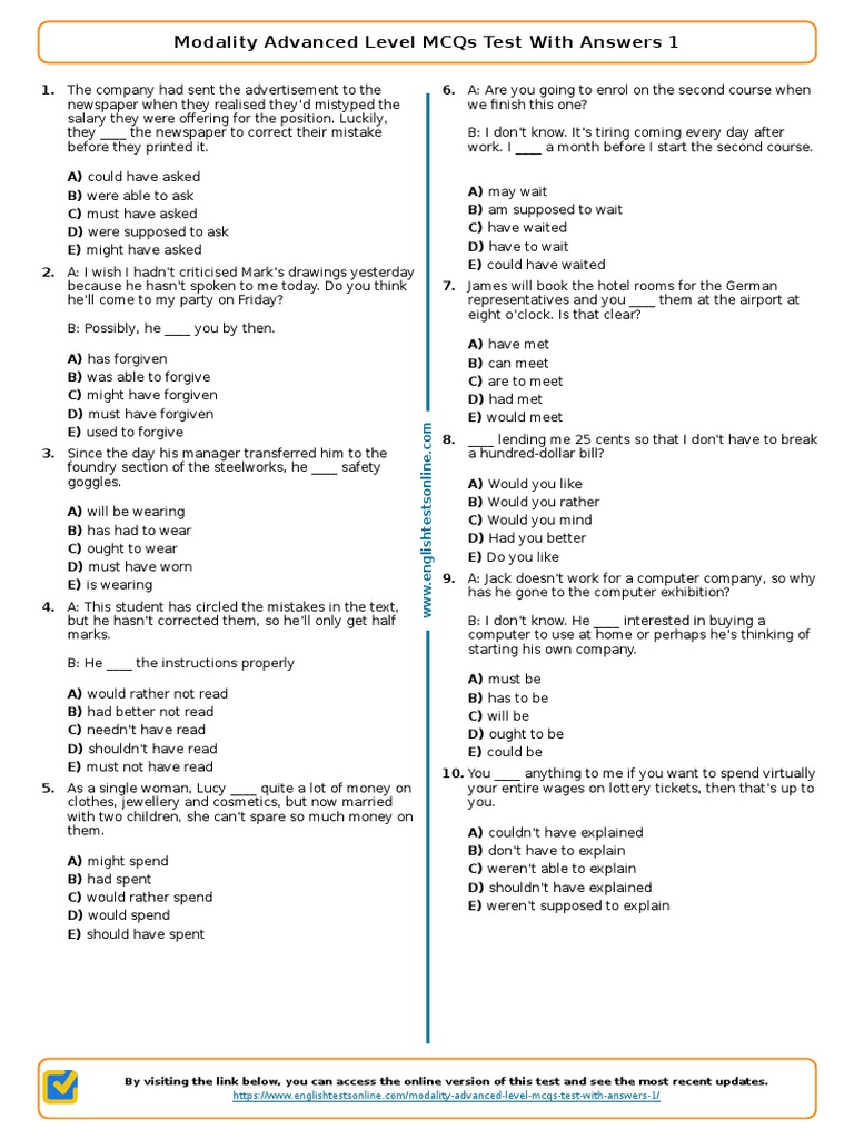 888 - Modality Advanced Level Mcqs Test With Answers 1 | PDF | Multiple ...
