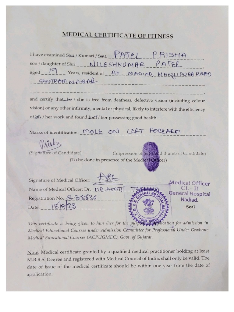 Medical Fitness Certificate | PDF