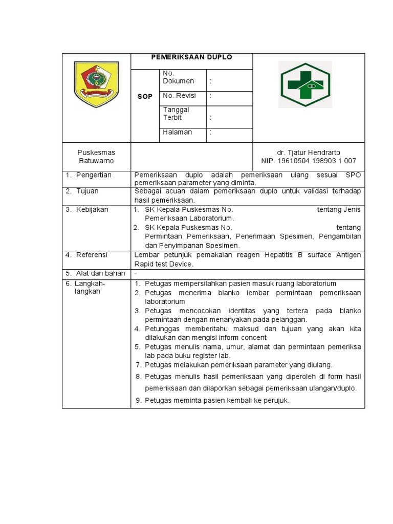 Sop PEMERIKSAAN DUPLO Print | PDF
