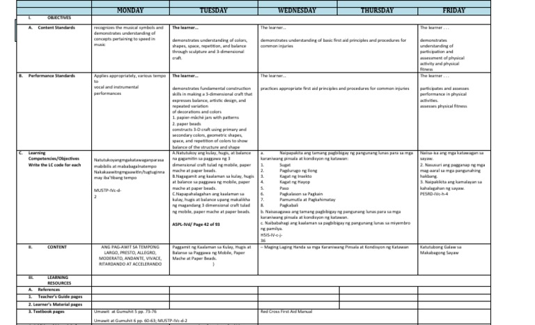 Mapeh 5 - Q4 - W4 DLL | PDF | Tempo | Learning