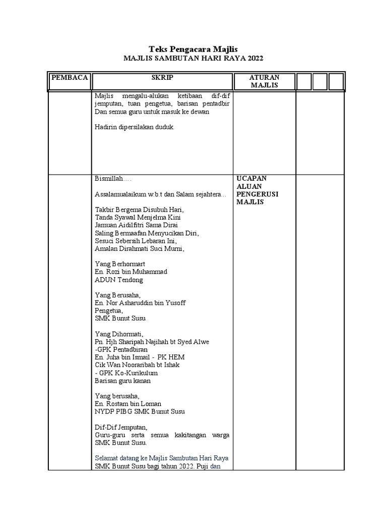 Teks Majlis Hari Raya SMKBS 2022 | PDF