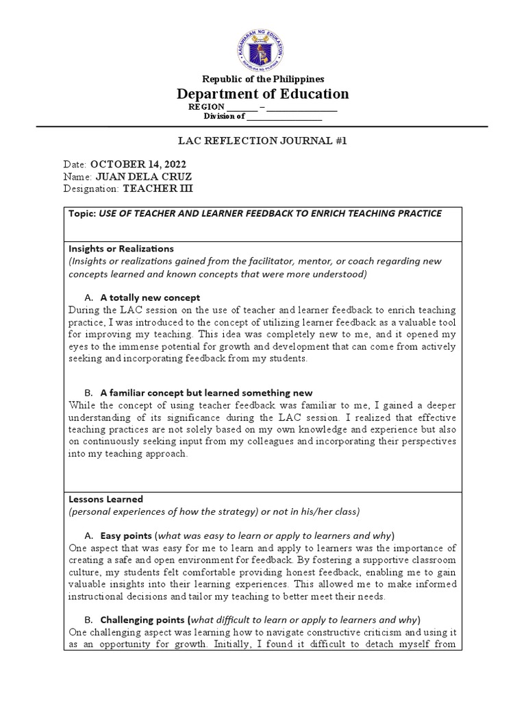 LAC Reflection Journal on Feedback Use | PDF | Educational Technology ...