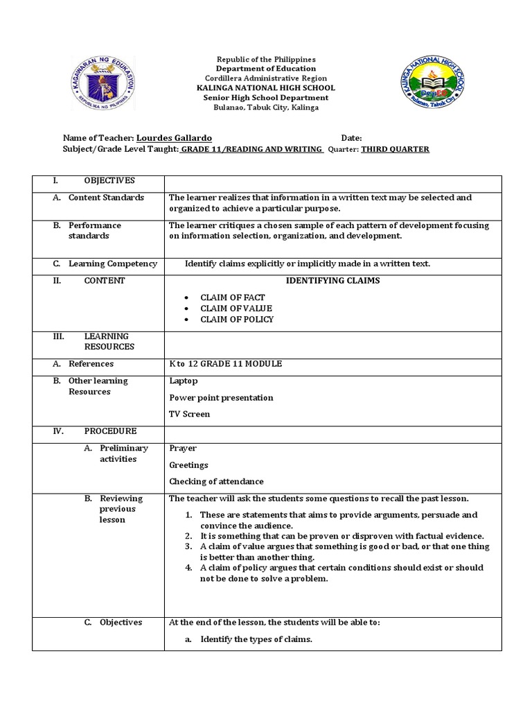 LP For Claims Activity For Humss | PDF | Learning | Teachers