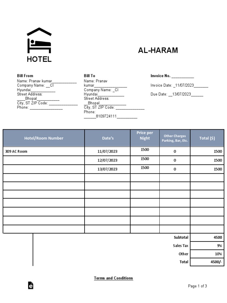 Hotel Invoice Template | PDF | Credit Card | Payments