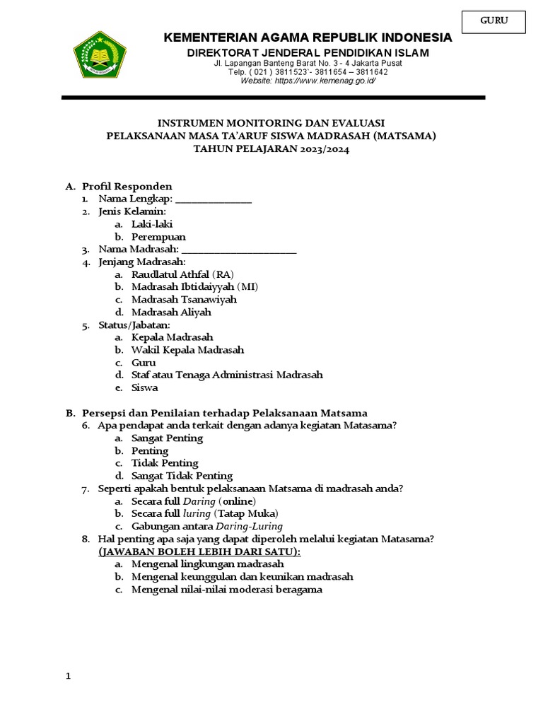 INSTRUMEN - MONEV - MATSAMA - 2023-2024 - Guru Z | PDF | Karier & Perkembangan | Ilmu Sosial