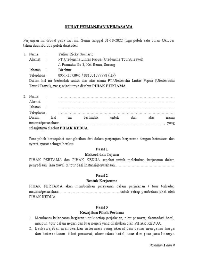 Surat Perjanjian Kerjasama Draft Pdf