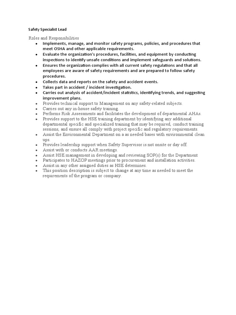Safety Specialist Lead Responsibilities | PDF