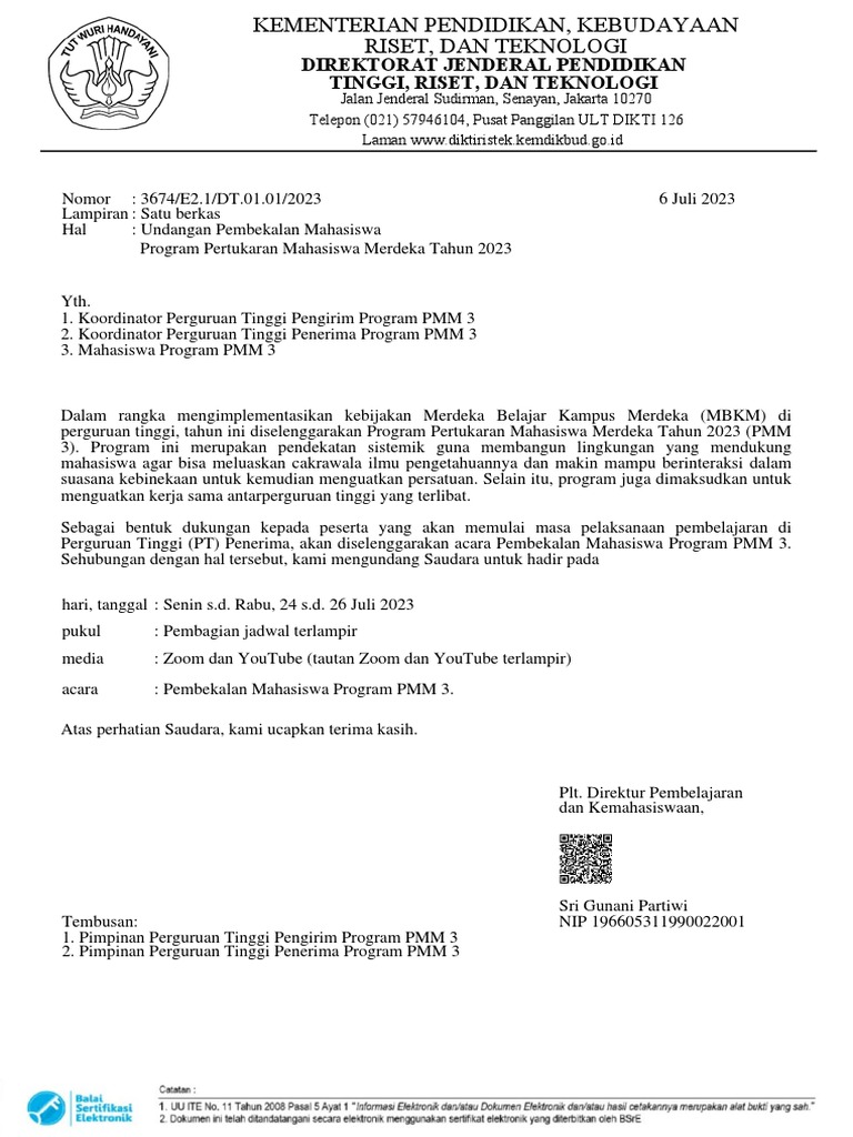 Undangan Pembekalan Mahasiswa Program PMM Tahun 2023 | PDF