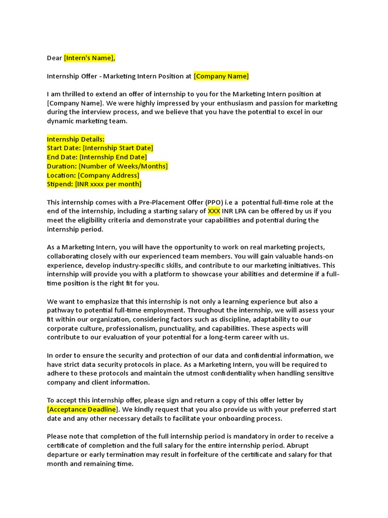 Marketing Intern Offer Letter | PDF | Internship | Job Hunting