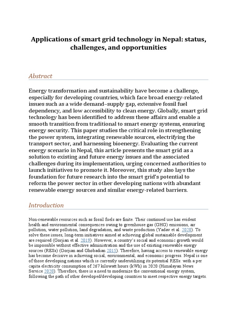 Applications of Smart Grid Technology in Nepal: Status, Challenges, and Opportunities | PDF ...