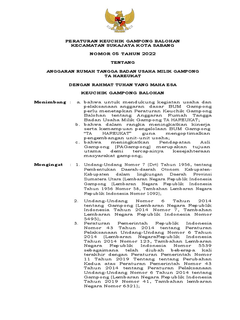 ART No.05 Tahun 2022 BUMG Balohan | PDF