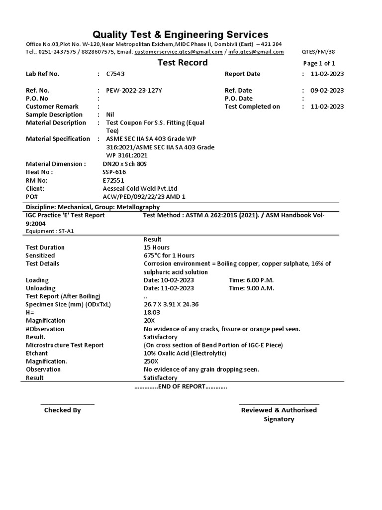 Quality Test & Engineering Services Test Record | PDF | Metals ...