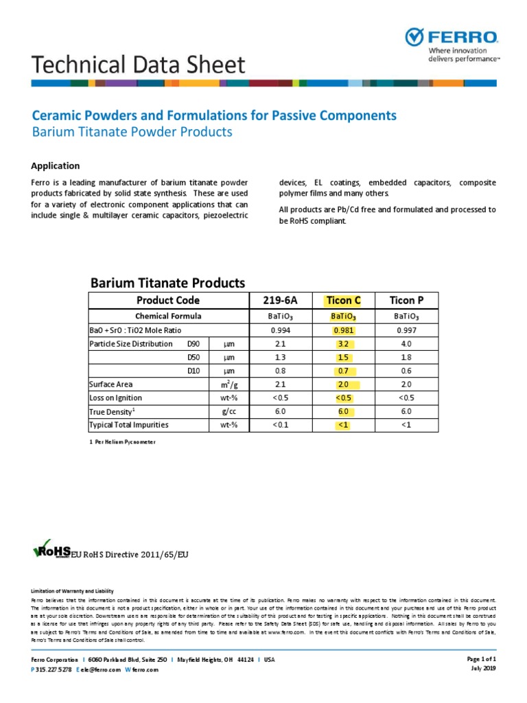 Ferro Electronic Materials Barium Titanate Powder Products | PDF