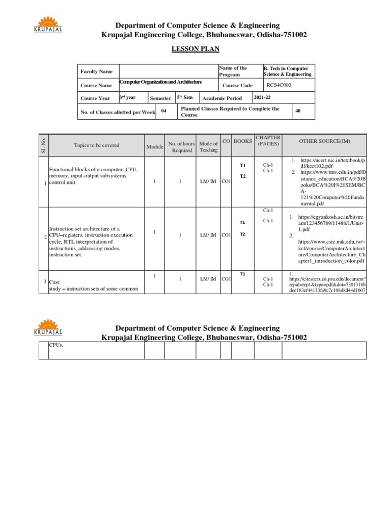 Lesson Plan COA | Download Free PDF | Central Processing Unit | Parallel Computing