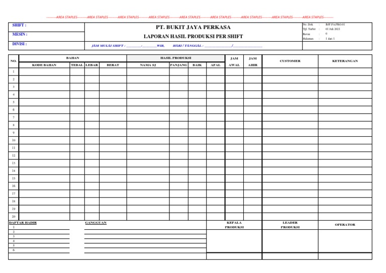 Format Laporan Hasil Produksi Per Shift (01072021) | PDF