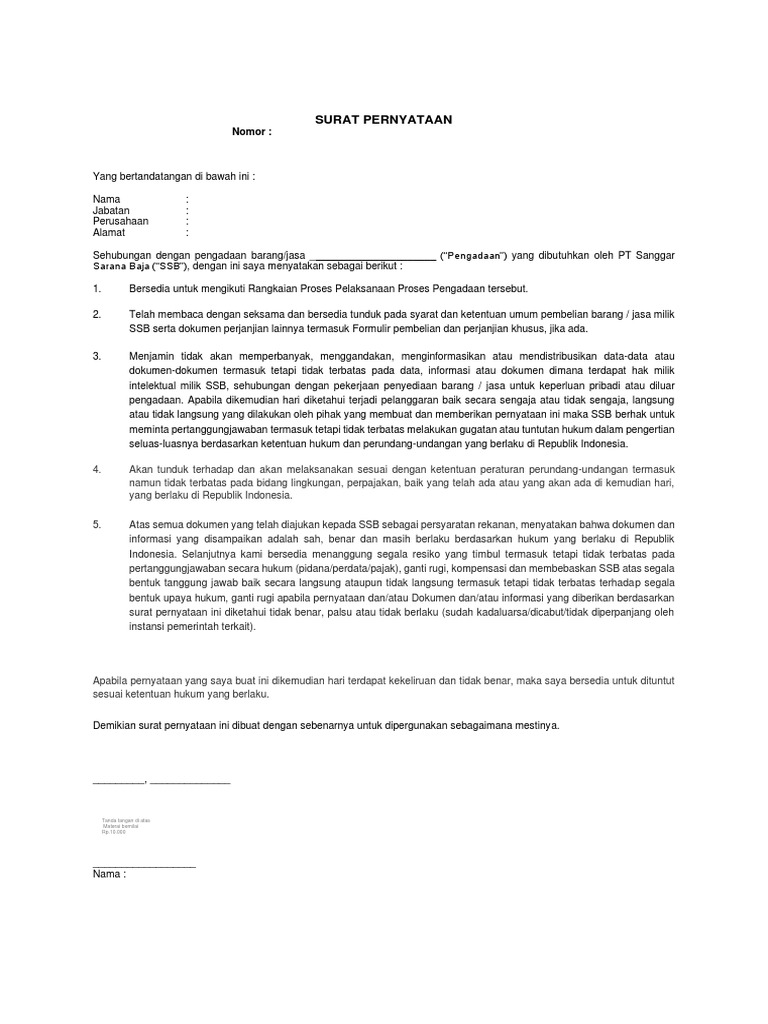 Surat Pernyataan Vendor 2021 (Perlu Diisi) | PDF